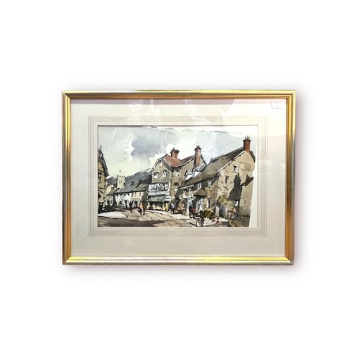 John Hoar (b.1947) ‘Beer, Devon’, Street scene with figures, shops and ...