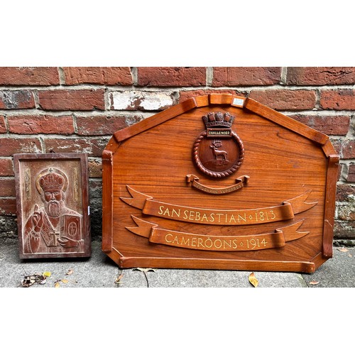A hardwood mess plaque fore HMS Challenger, with ship's crest above ...