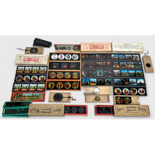 A collection of assorted Magic Lantern slides, some boxed, some loose ...