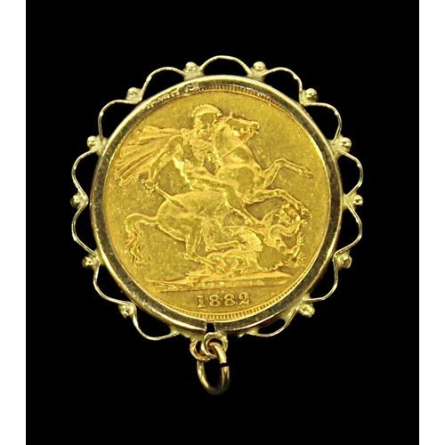 A 22ct gold full Sovereign, Young Victoria, dated 1882, in 9ct yellow ...
