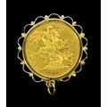 A 22ct gold full Sovereign, Young Victoria, dated 1882, in 9ct yellow ...
