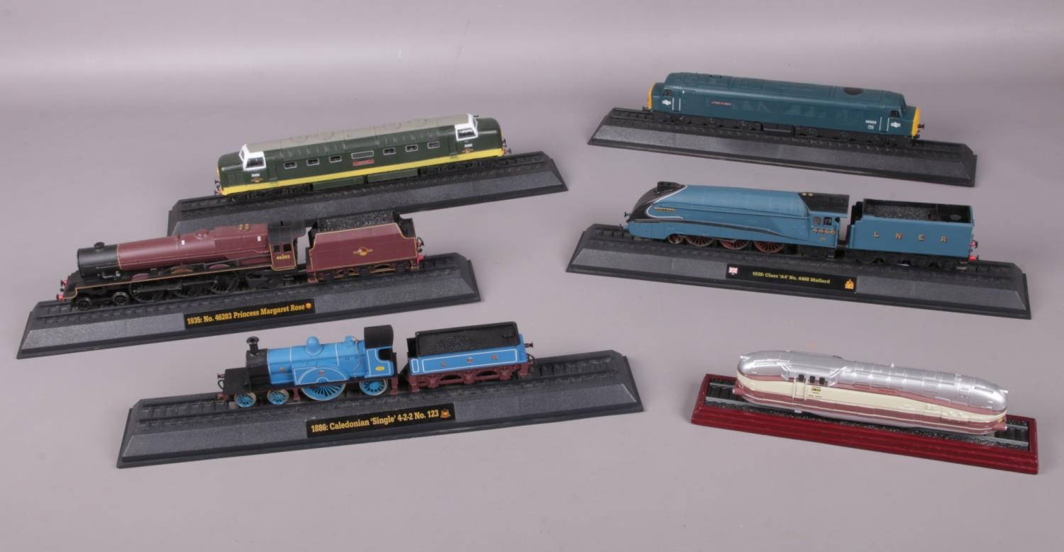 Six model trains. 1938 Class 'A4' No 4468 Mallard, 1886 Caledonian ...