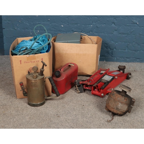 A quantity of assorted items to include Test Rite car jack, box of rope ...