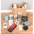 A box of assorted electronics and collectables to include Google Nest ...