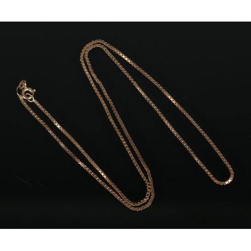 A 9ct gold box chain necklace. Approx. length unclasped 46.5cm, 3.8g.