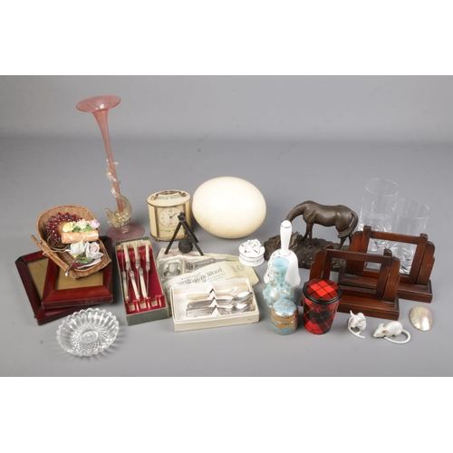 A quantity of mixed collectables including Swiza Mignon Clock, ostrich ...