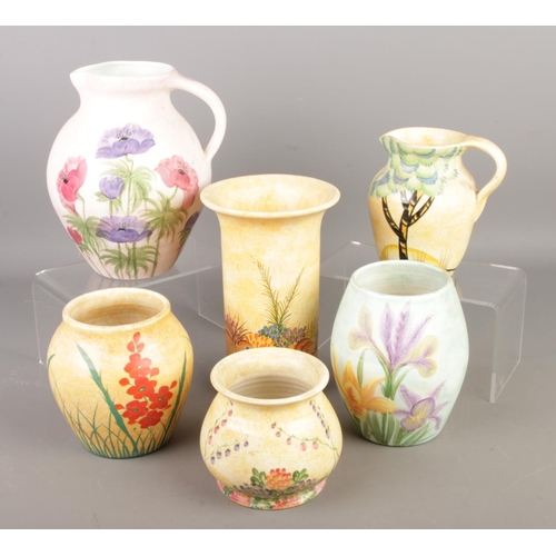 Six Radford pottery vases, all with hand painted floral decoration ...