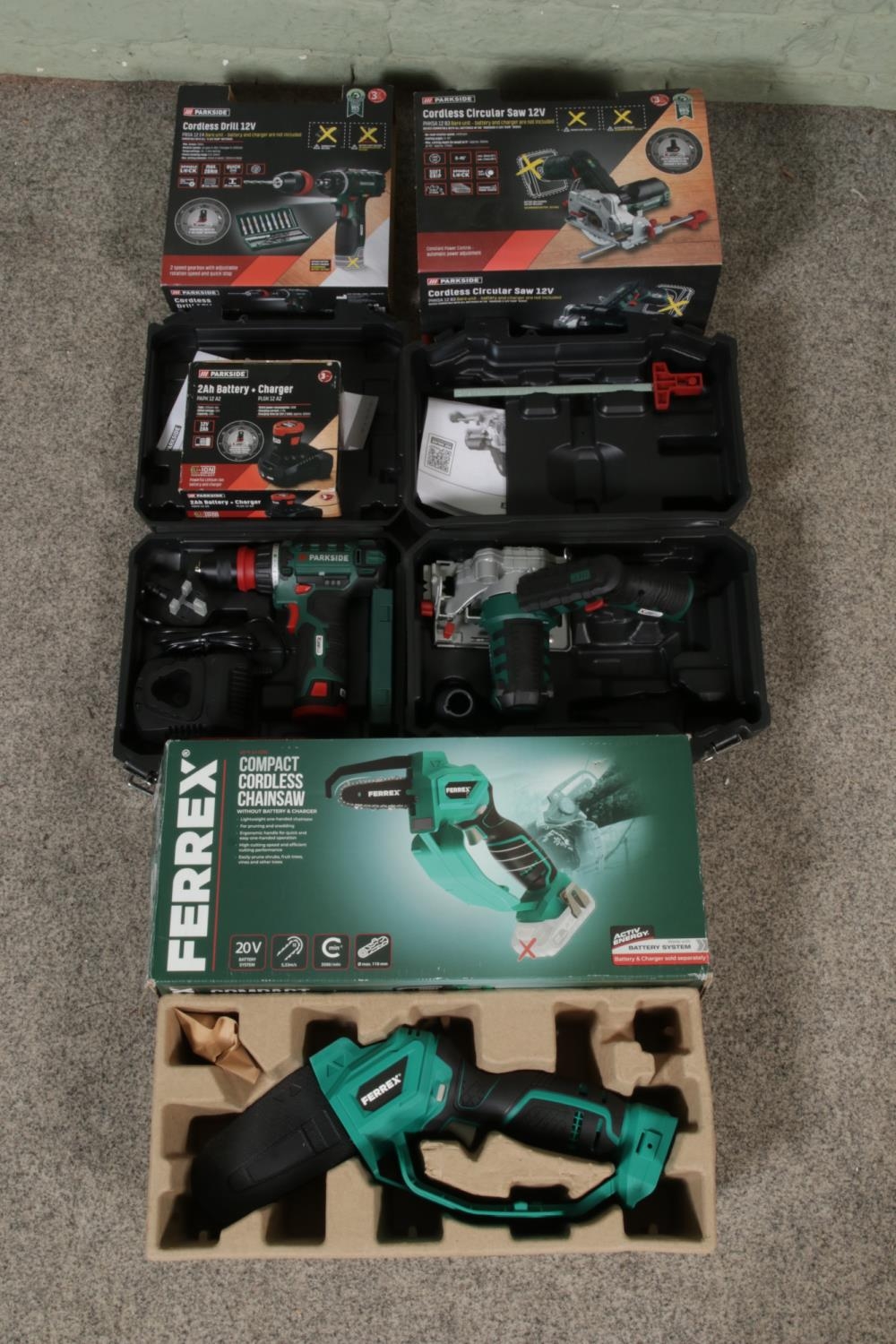 A quantity of new and unused power tools, including Ferrex Compact ...