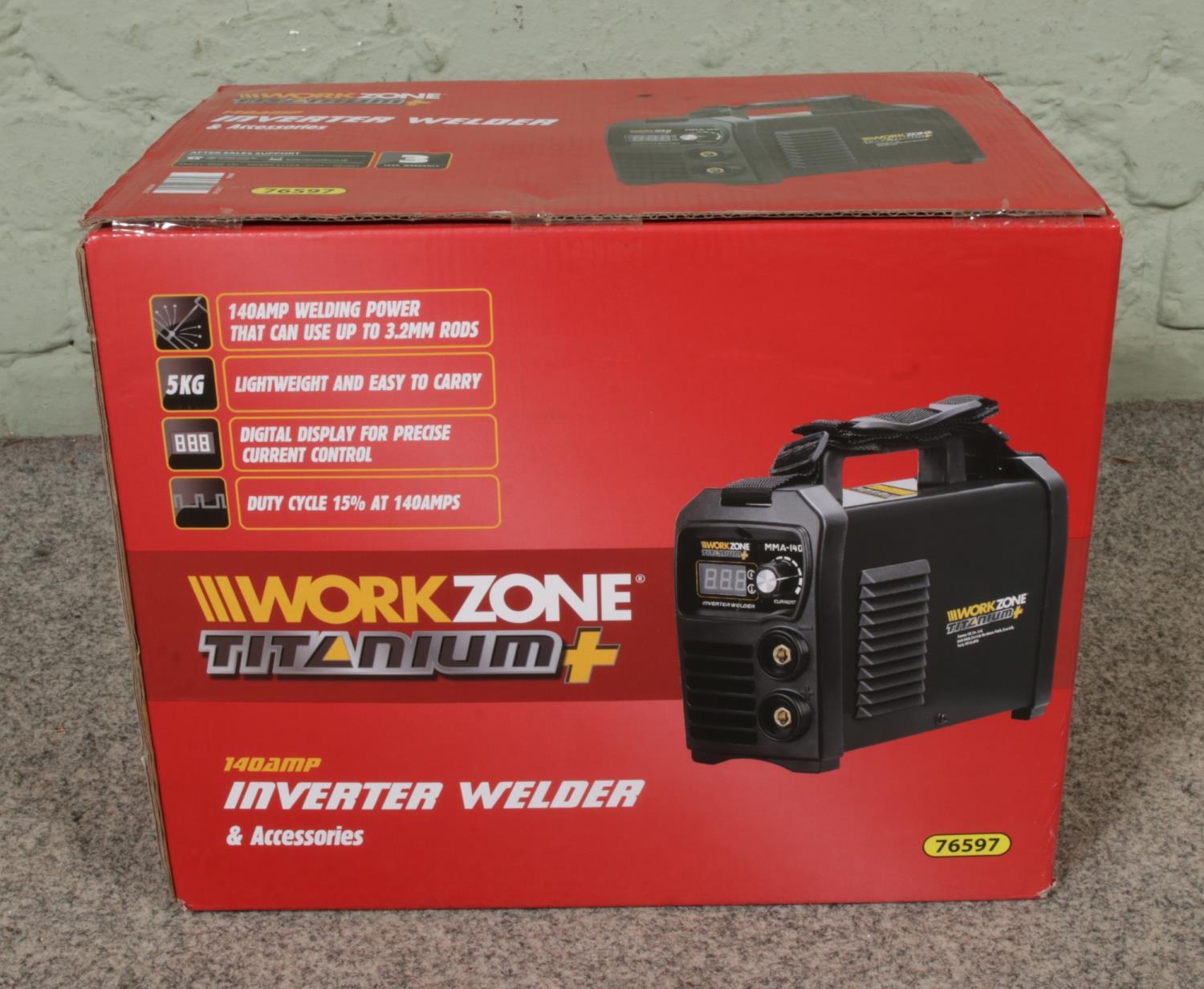 A boxed Workzone Titanium+ 140amp Inverter Welder and Accessories.