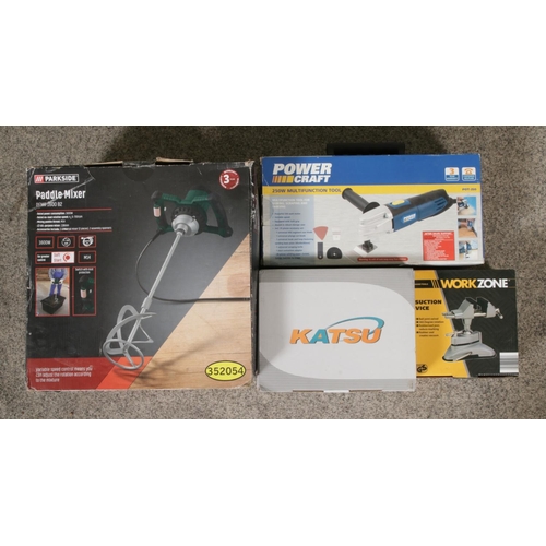 A quantity of power tools including Katsu trimmer, Workzone suction ...
