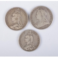Three Victorian silver coins to include two full crowns and one florin ...