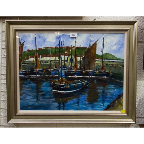OIL ON CANVAS ROD GORWOOD BOATS IN HARBOUR 60 X 45 CM