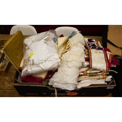 BOX OF VESTMENTS, ALTAR CLOTHES + CASE
