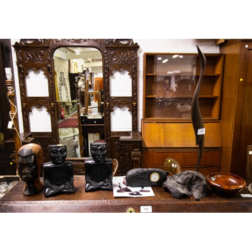 BOG OAK BIRD, 2 IRISH TURF FIGURES, CLOCK + CARVED HEAD