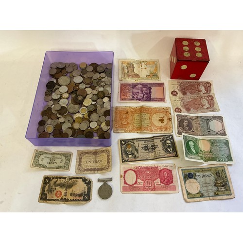 A Collection of Coins to include Mostly Foreign Coins, Bank Notes, Dice ...