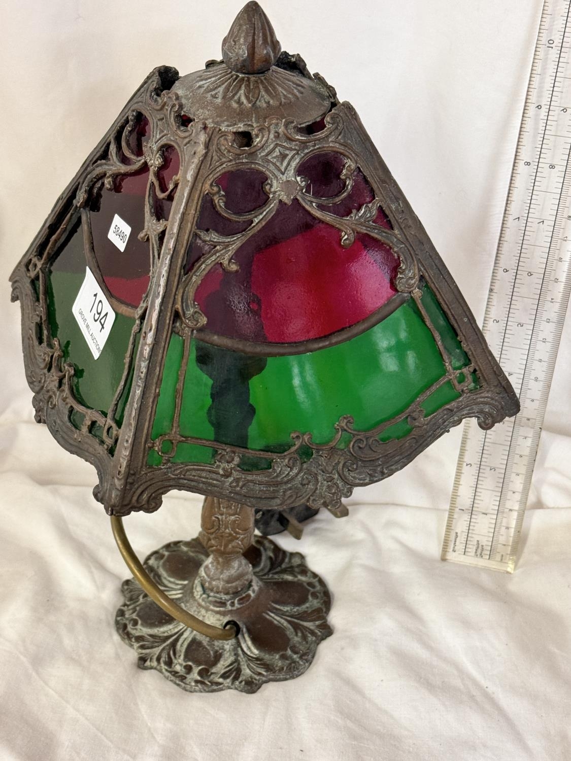VINTAGE CAST IRON TABLE LAMP WITH MULTI COLOUR GLASS SHADE