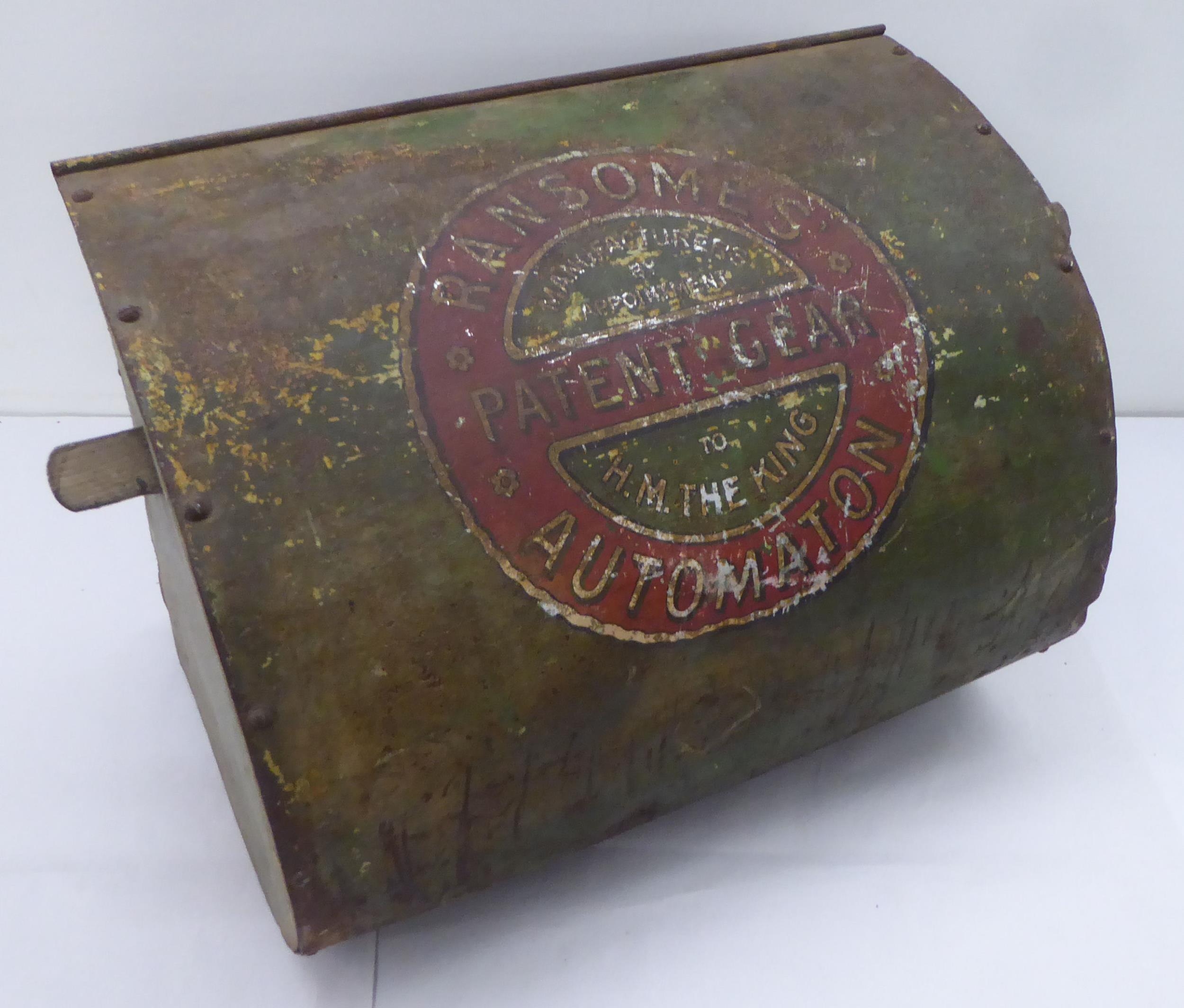 Four vintage cast metal lawn mower grass boxes: to include one for JP ...
