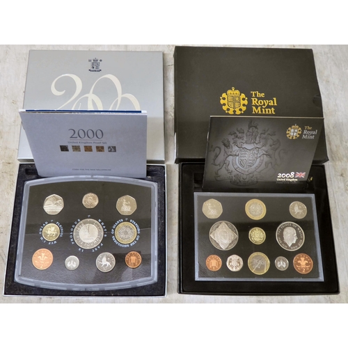 Two Royal Mint proof coin sets for 2000 and 2008 boxed with ...