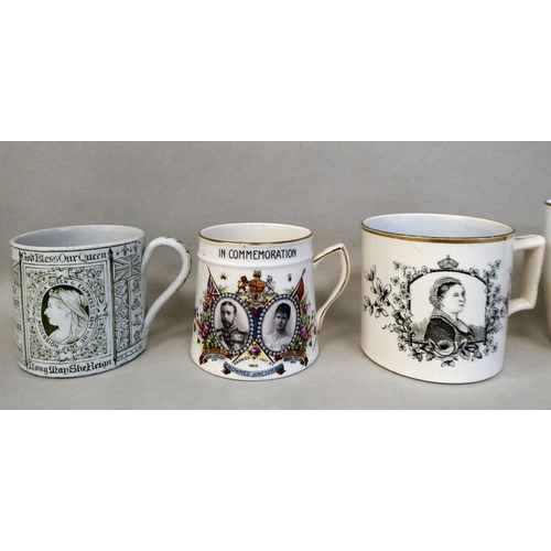 Eight Victorian and Edwardian commemorative china beakers and mugs: to ...