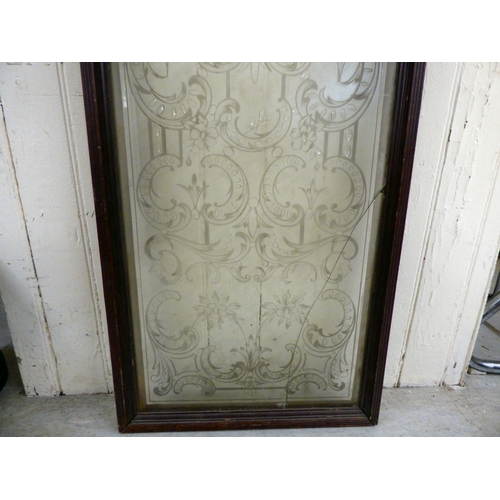 A vintage etched glass pub window panel 18" x 44" framed