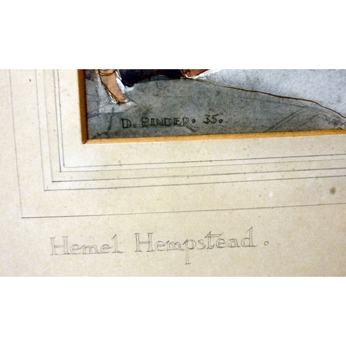 D.Pinder - 'Hemel Hempstead' a street scene watercolour bears a ...
