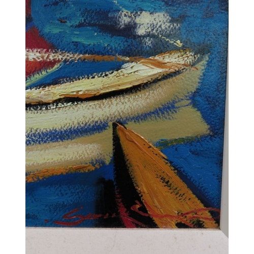 Sergey Cherep (Russian, 1969), a harbour scene with fishing boats ...