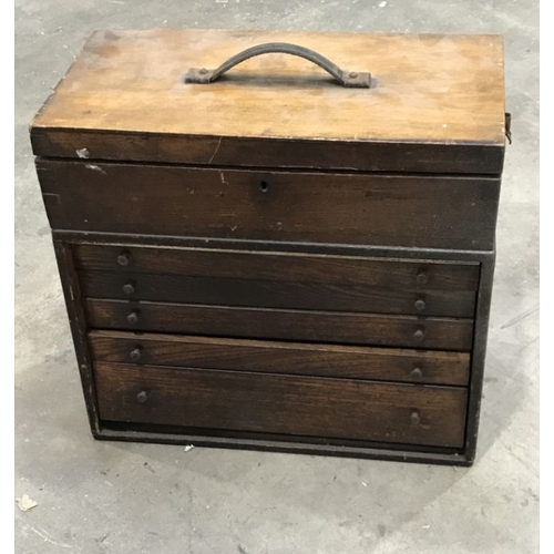 A Victorian mahogany bench top tool chest, fitted lift up lid over five ...