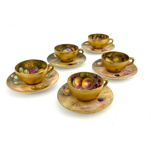 Townsend, Austin, Flexman et al for Royal Worcester, five fruit painted tea cups and saucers, circa