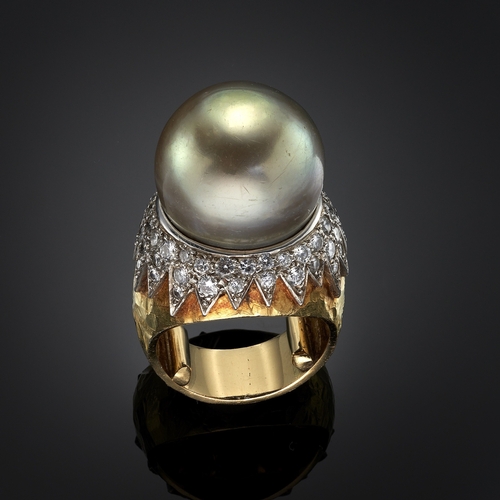 Grima, an 18ct gold grey cultured pearl and diamond cocktail ring Grima, an 18ct gold grey cultured