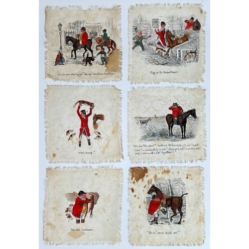 A set of twelve hand painted silk napkins with humorous Mr Horrocks ...