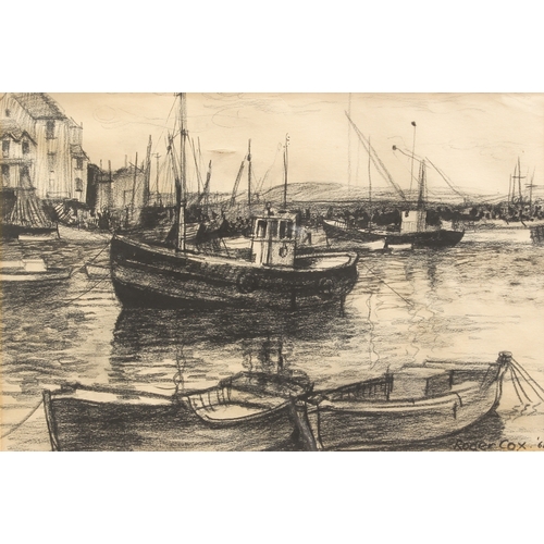 Roder Cox (British, 20th century) Fishing boats moored in a harbour ...