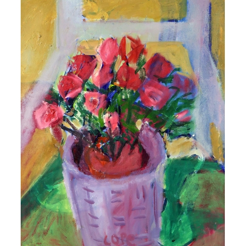 Elizabeth Cope, Irish (b. 1952)"Roses in a Vase on a Chair," O.O.C ...