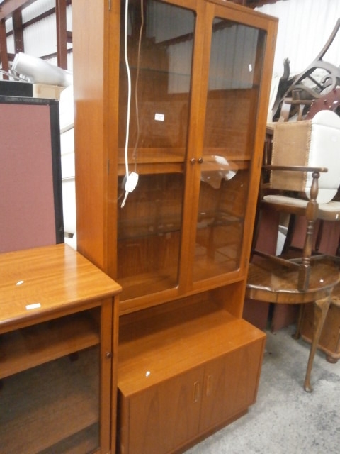 Retro glazed G Plan teak wall unit on double cupboard