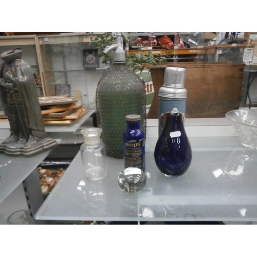 Lot inc old flask, old dispenser, paperweight, etc
