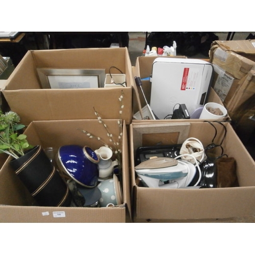 Four boxes inc vases, lamps, printer, radio, extension socket, etc