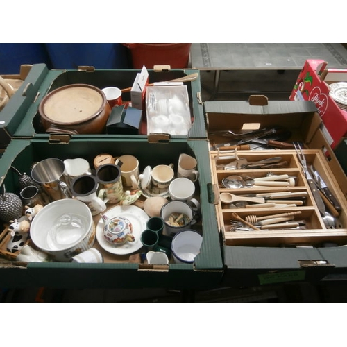 Three boxes inc stoneware lidded dish, cutlery, mugs, cuss box, etc