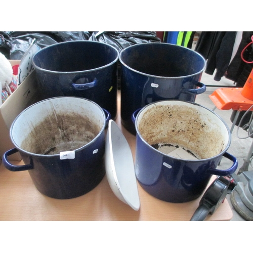 Four large enamel pots with holes in bottom