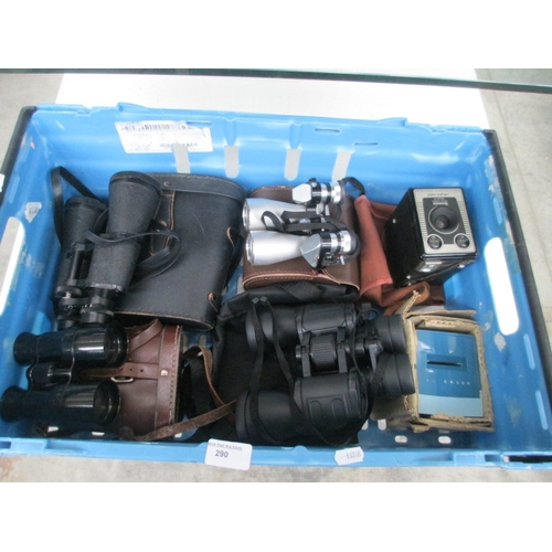 Crate inc four pairs of binoculars, slide viewer and box camera
