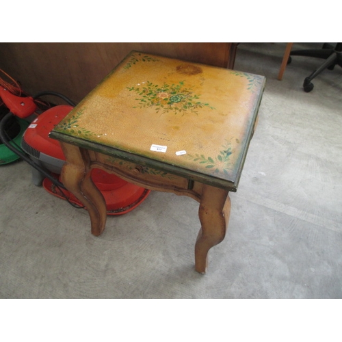 A small vintage floral decorated lamp table with drawer
