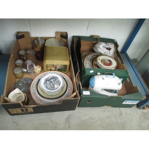 Two boxes inc collectable plates, mini sewing machine, etc