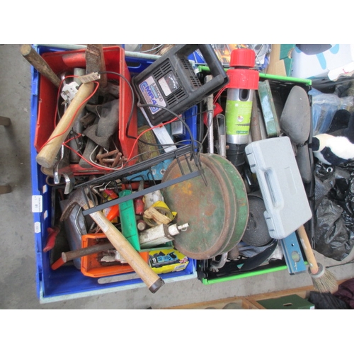 Two crates of assorted tools and hardware