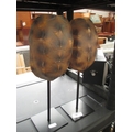 Two tortoise shells on metal stands