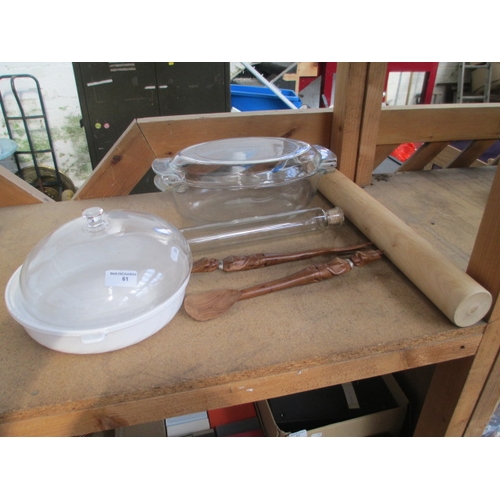 Lot inc glass and large wooden rolling pins, Pyrex dish, etc