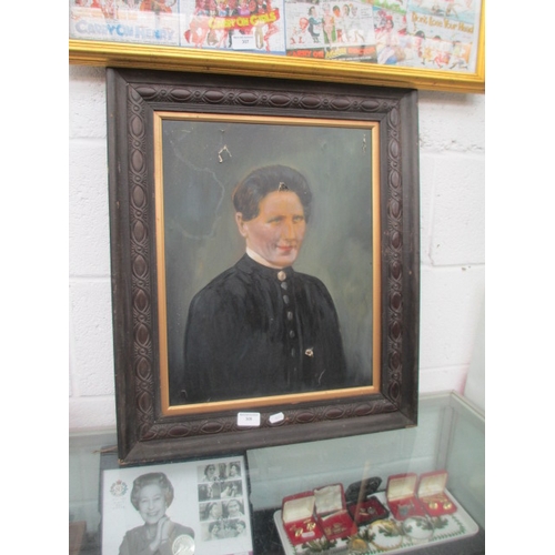 Vintage portrait painting, has damage