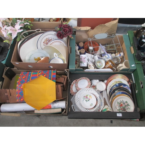 Four boxes inc collectable plates, tankards, wooden building, mugs, etc