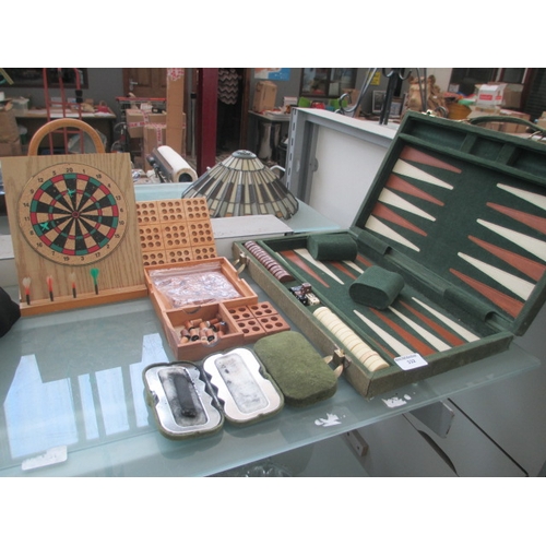 Lot inc backgammon set, mini dartboard, charcoal pencils, etc