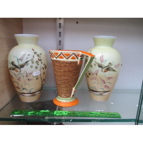 A pair of painted glass vases & a Myott jug
