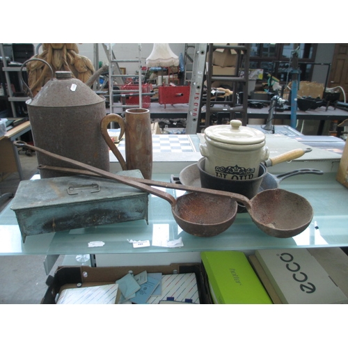 Lot inc stoneware pot, metal ladles, old frying and saucepans, etc
