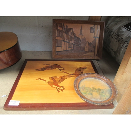 Two wood inlay pictures and print