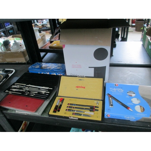 Lot inc Calligraphy set, compass set, pastels, etc